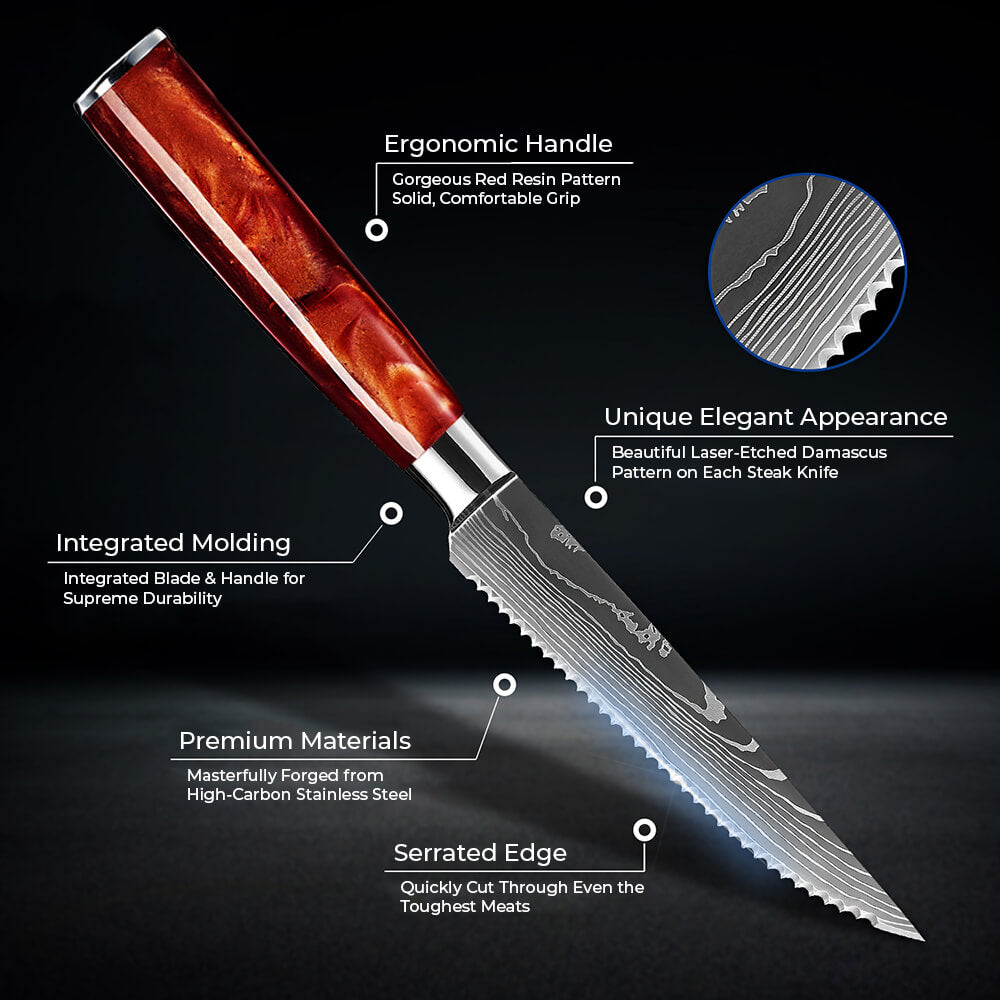 Crimson Red Steak Knife Set - High Carbon Steel & Damascus Pattern ...