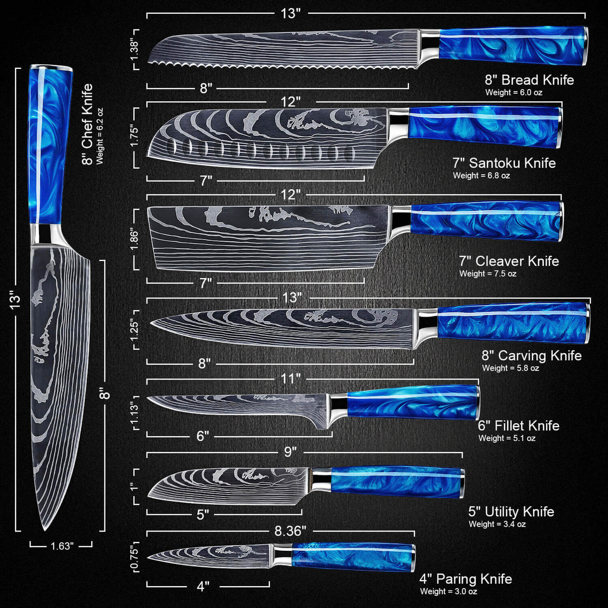 Cerulean Japanese Kitchen Knife Set - Blue Resin Handle