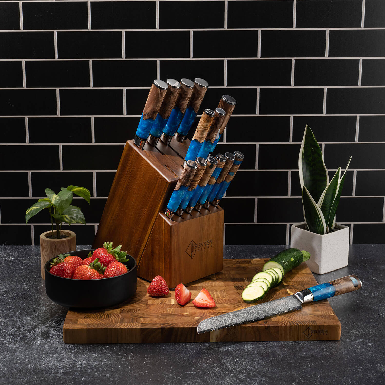 "Tsunami" 15-Piece Japanese Damascus Steel Knife Block Set – Senken Knives