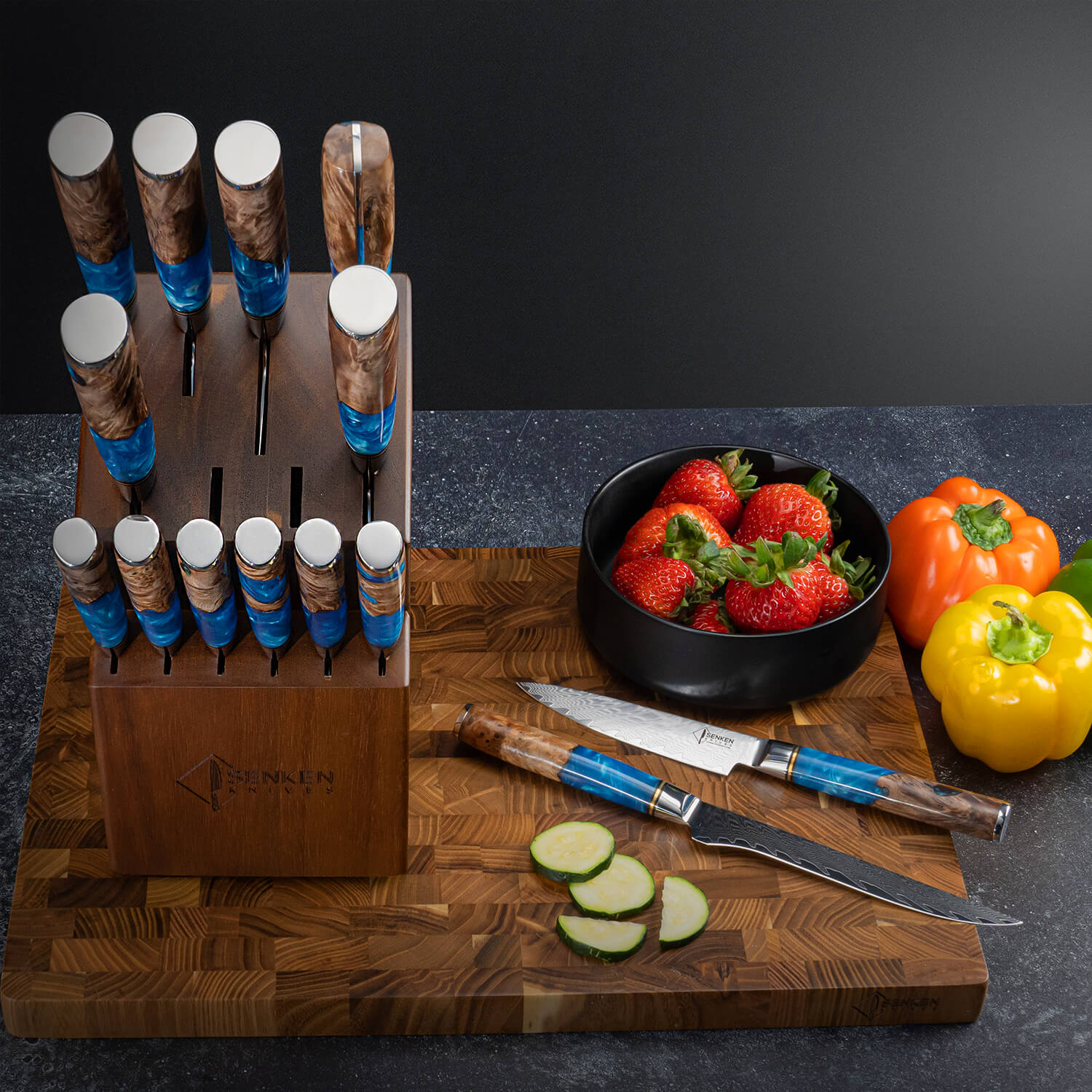 "Tsunami" 15-Piece Japanese Damascus Steel Knife Block Set – Senken Knives