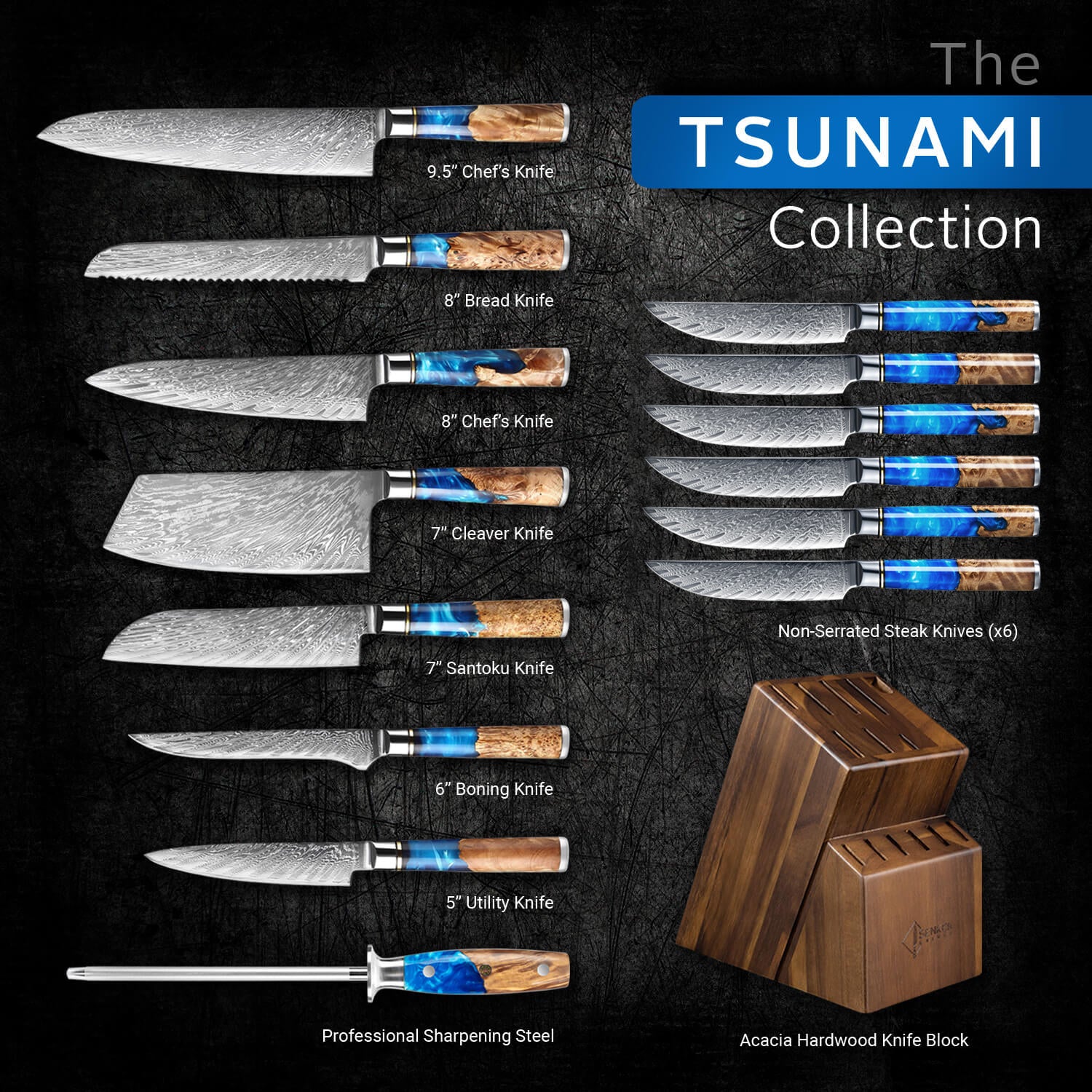 "Tsunami" 15-Piece Japanese Damascus Steel Knife Block Set – Senken Knives