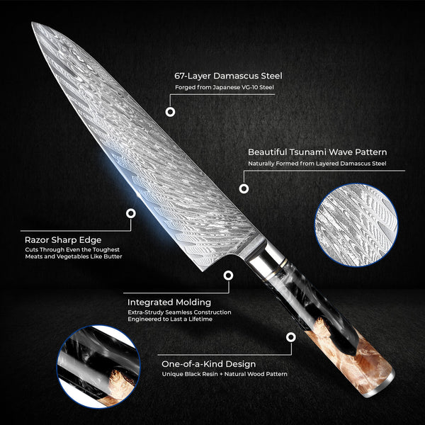 "Black Tsunami" Japanese VG10 Damascus Steel 8" Chef's Knife - Black R ...