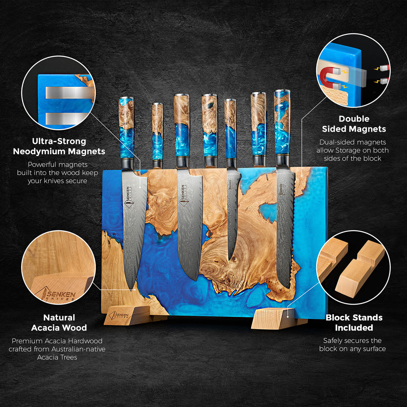 Tsunami Extra Large Magnetic Knife Block — Blue Resin Burl Wood