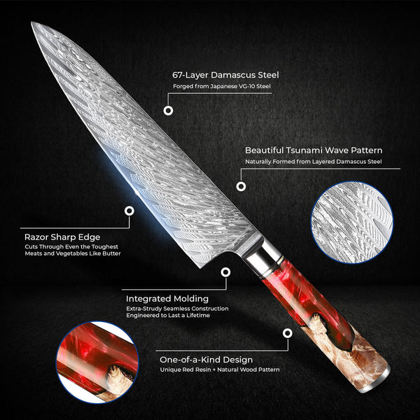 "Red Tsunami" Japanese VG10 Damascus Steel 8" Chef's Knife - Red Resin ...