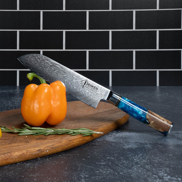 Tsunami 7" Santoku Knife — Japanese VG10 Damascus Steel with Blue Resi