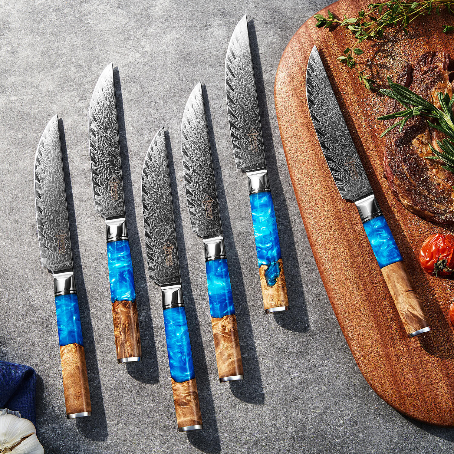 Tsunami Steak Knife Set — Japanese VG10 Damascus Steel with Blue Resin ...