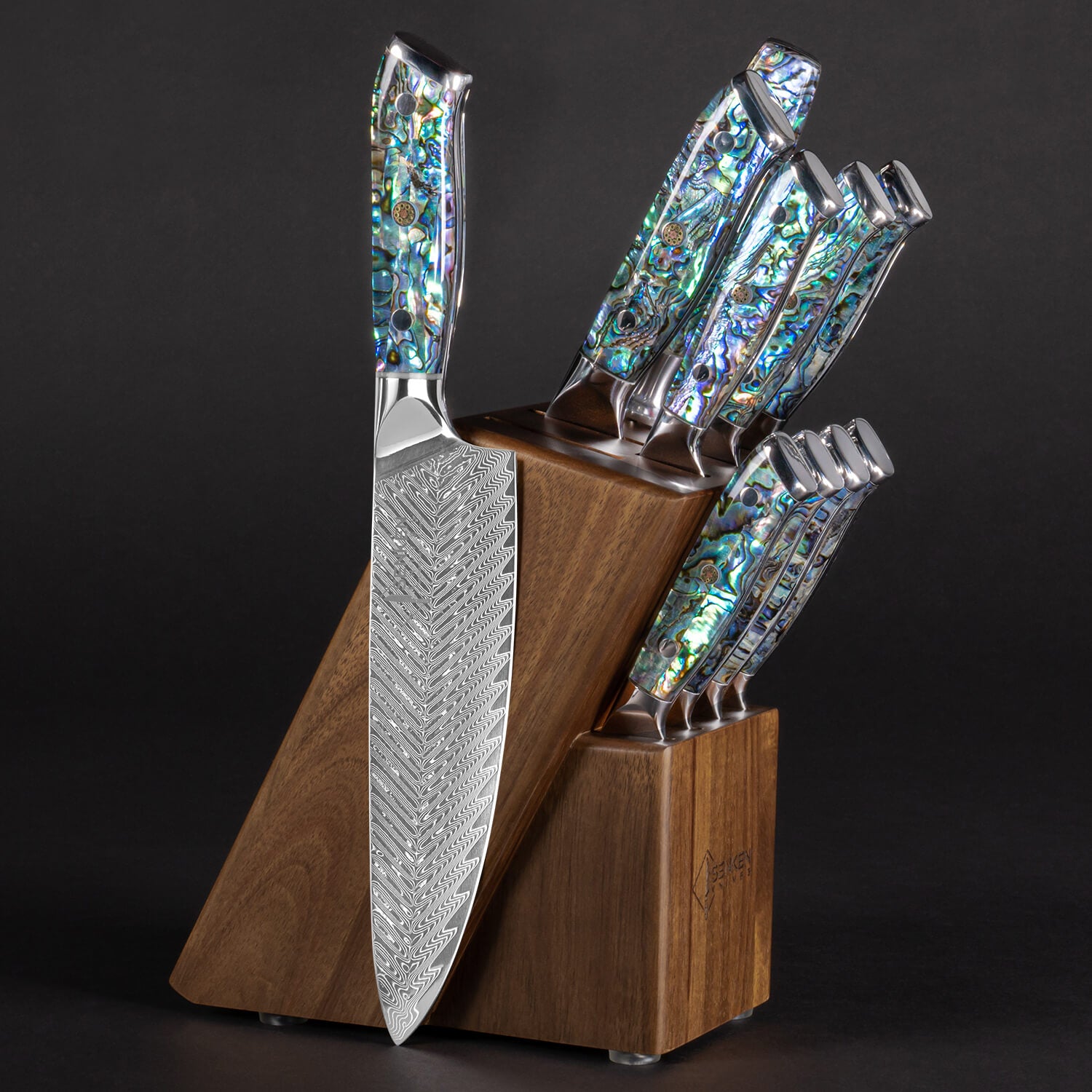 "Umi" 11-Piece Japanese Damascus Steel Knife Block Set - With Abalone ...