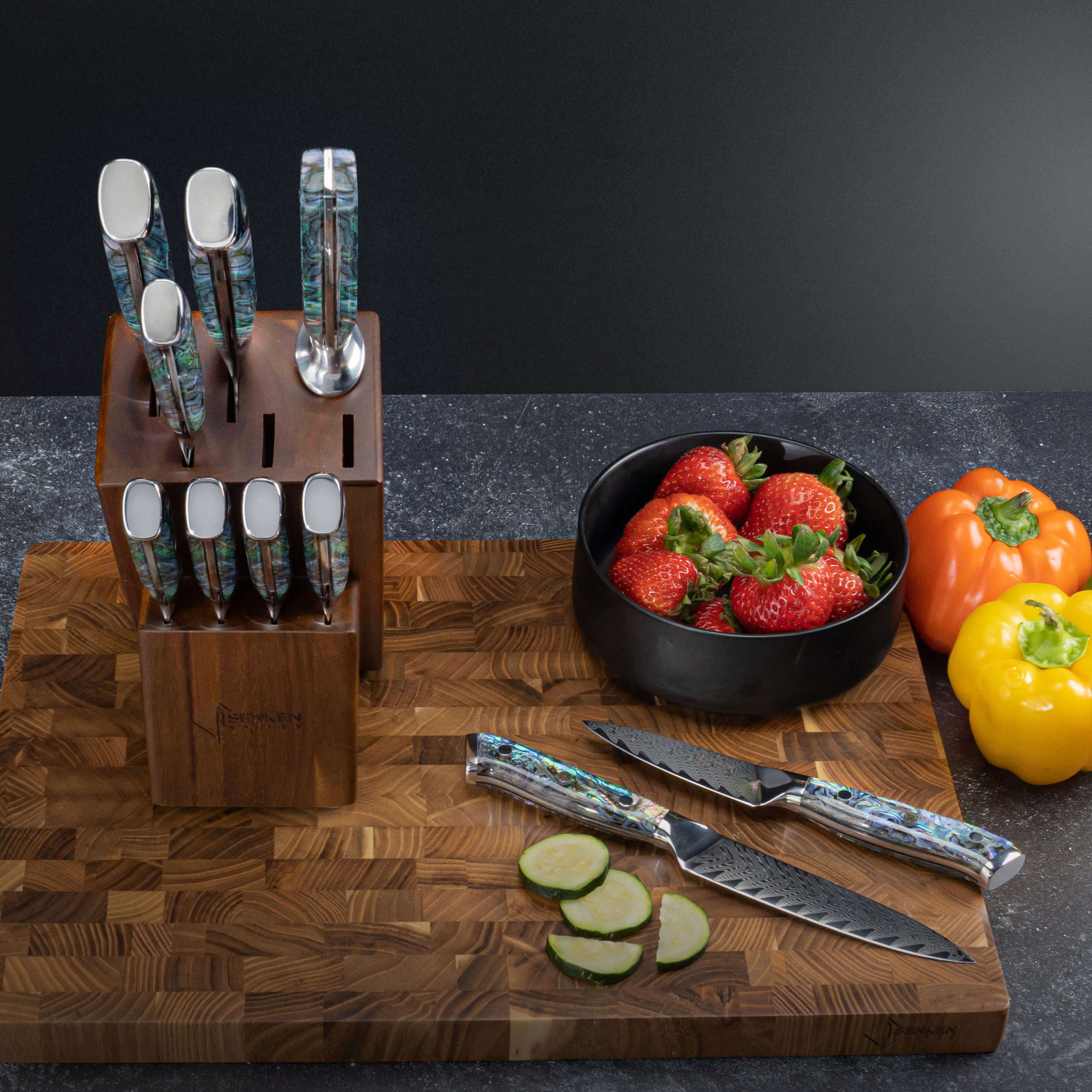 "Umi" 11-Piece Japanese Damascus Steel Knife Block Set - With Abalone ...