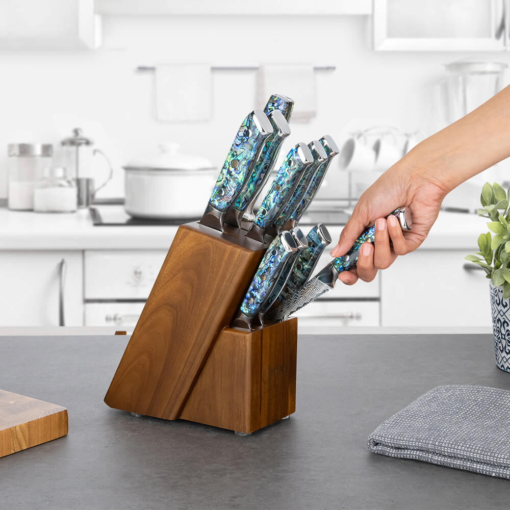 "Umi" 11-Piece Japanese Damascus Steel Knife Block Set - With Abalone ...