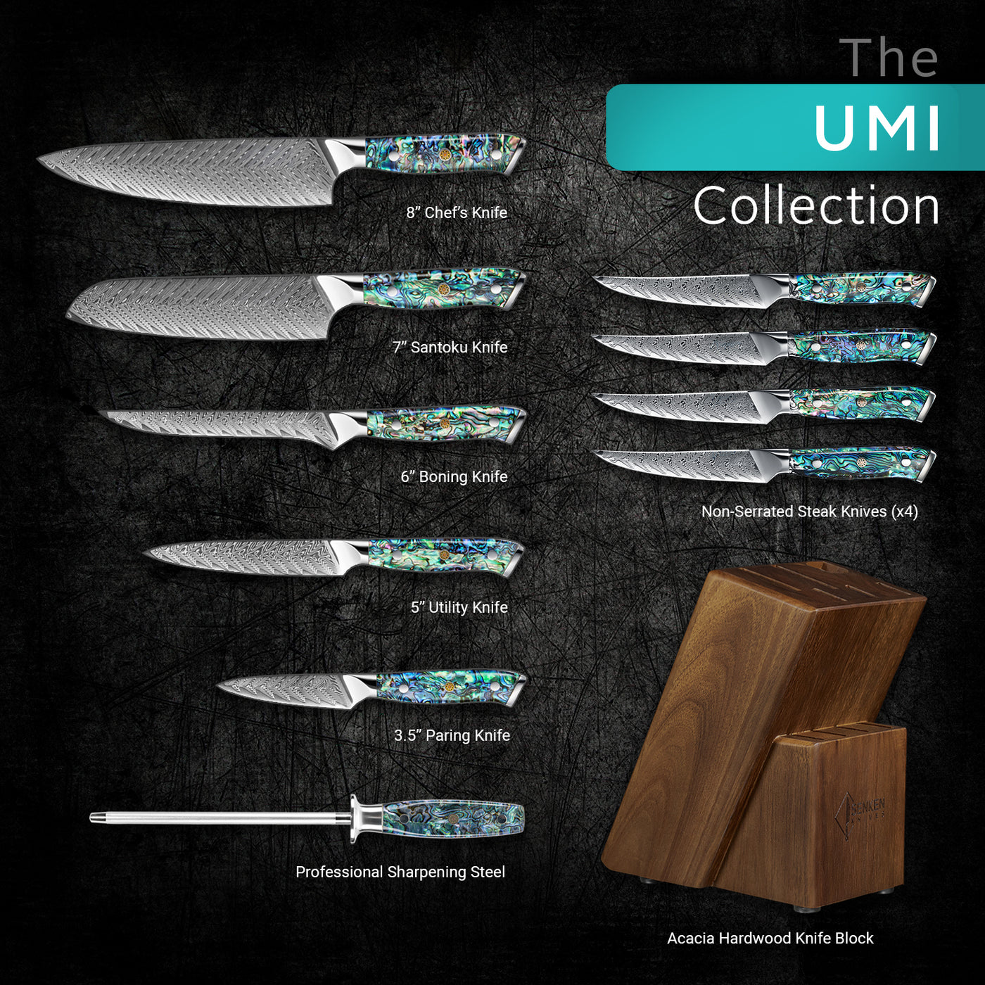 Umi 11-Piece Japanese VG10 Damascus Knife Block Set — with Abalone She