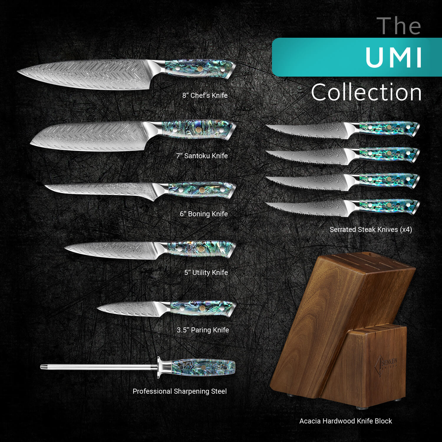 "Umi" 11-Piece Japanese Damascus Steel Knife Block Set - With Abalone ...