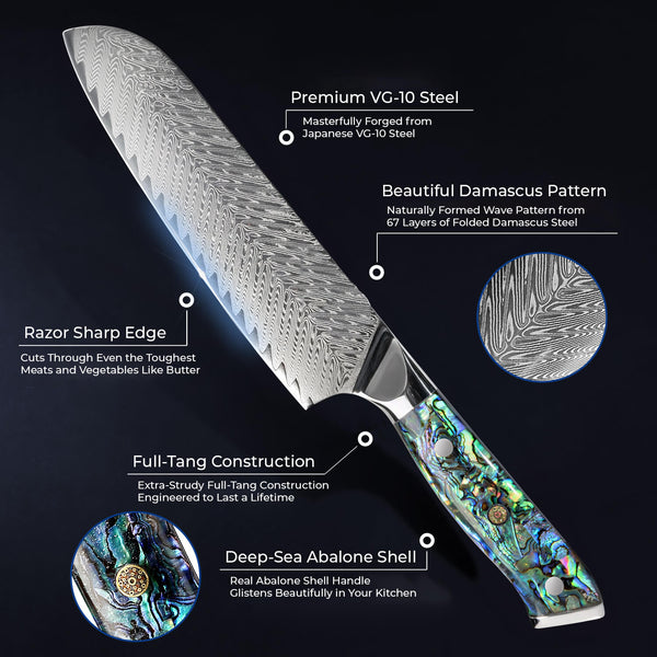 "Umi" Japanese VG10 Damascus Steel 7" Santoku Knife - Abalone Shell Ha ...