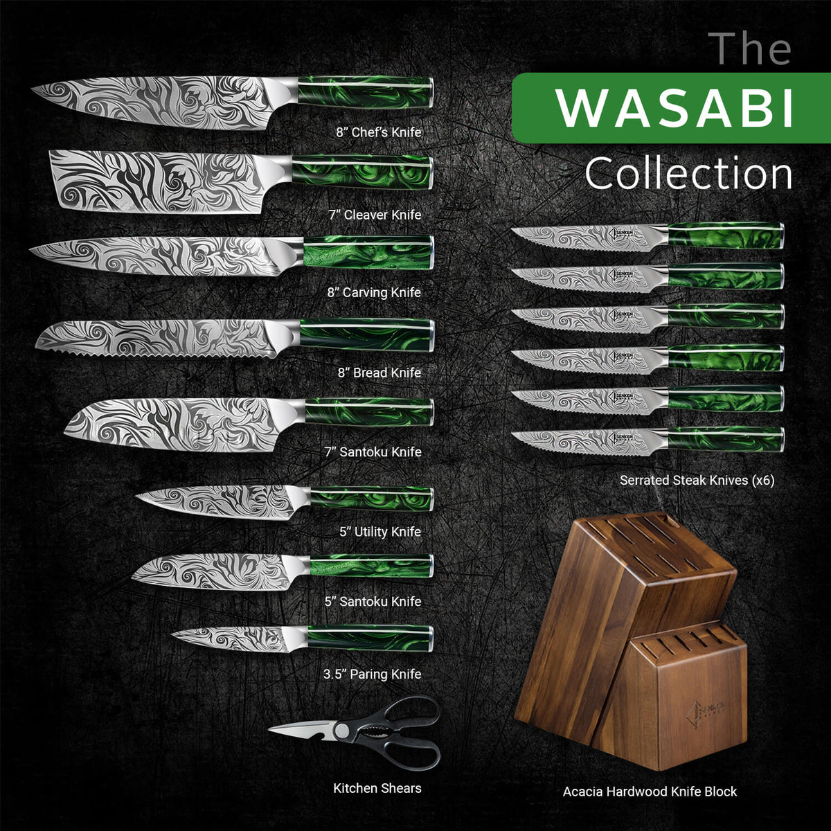 Wasabi 16-Piece Japanese Knife Block Set — High-Carbon Steel with Gree