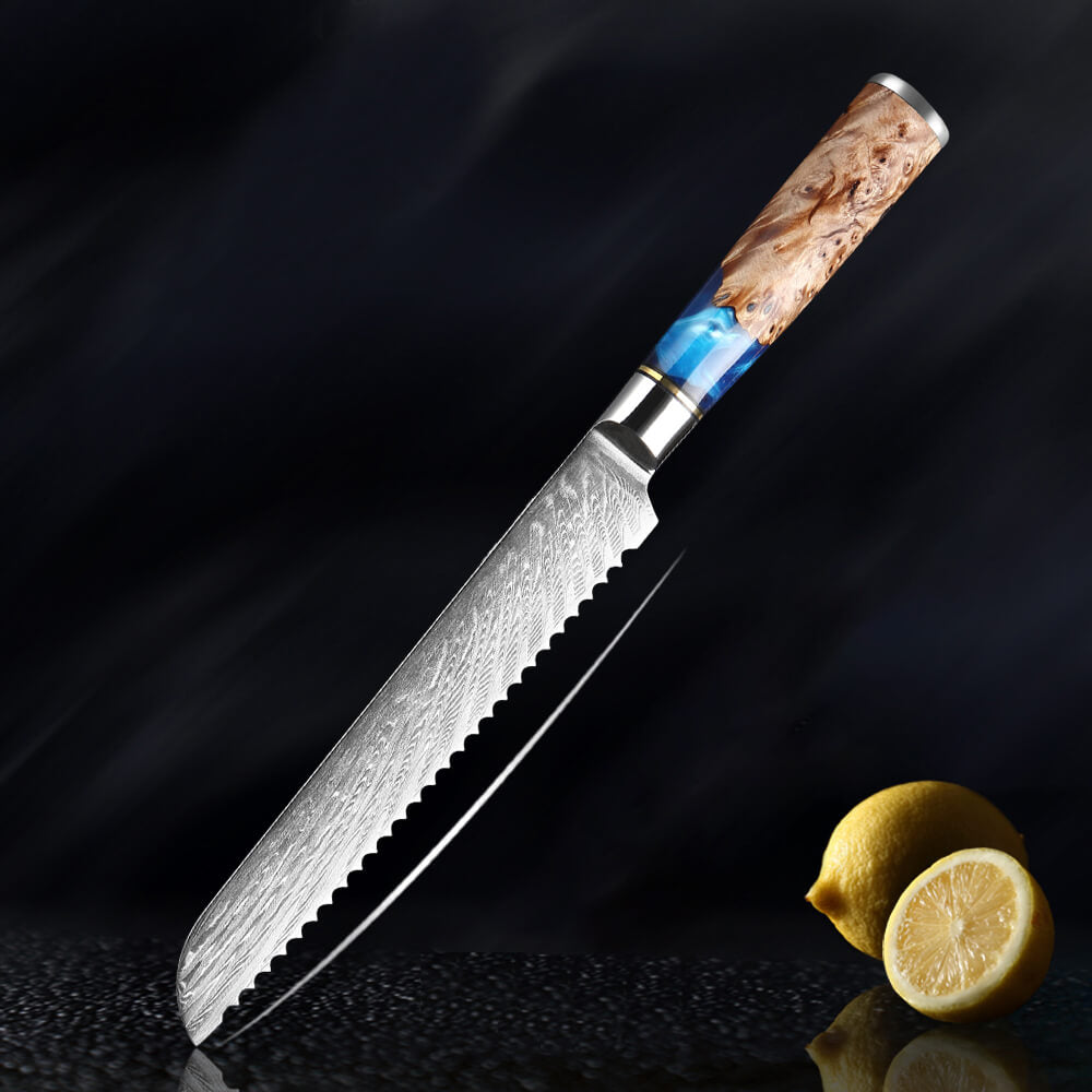 "Tsunami" 67-Layer Damascus Steel Serrated Bread Knife – Senken Knives